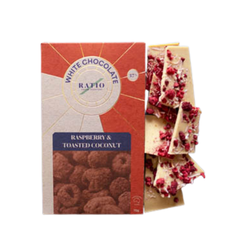 37% White Raspberry & Toasted Coconut – Ratio Cocoa Roasters